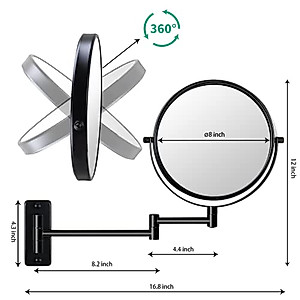 yinjupu Wall Mounted Makeup Mirror - 8-inch Double-Sided Magnifying Mirror with 360-Degree Rotation and Telescopic Lighting for Home Bathroom Shaving Vanity (Black)