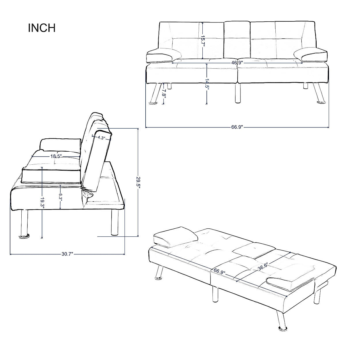 Futon Sofa Convertible Sleeper Couch Bed Daybed Loveseat,Faux Leather Folding Recliner with 2 Cup Holders,Removable Soft Pillow-Top Armrest,3 Angles for Living Room Small Place