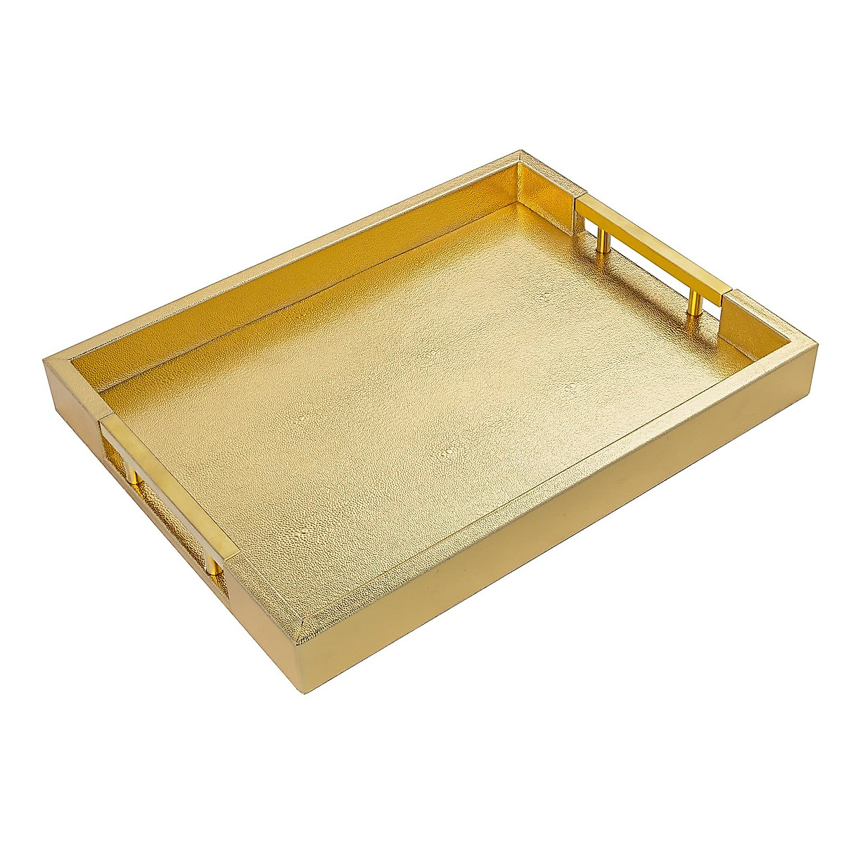 MAONAME Gold Serving Tray with Handles, 15.7 x 11.8 Inch Decorative Trays for Coffee Table, Rectangle Serving Tray and Modern Ottoman Trays for Living Room, Vanity, Kitchen, Bright Gold