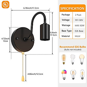 Spiglamm Black Wall Sconces with On/Off Switch,Industrial Metal Wall Lamps for Bedrooms Set of 2, Pull Chain Wall Mount Light for Bedroom Living Room Hallway