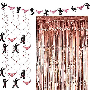 Bachelorette Party Decorations I Rose Gold Shower Curtain, Stripper Man Hanging Swirls and Banner for Birthday Decorations Wedding Engagement Bachelorette Party Supplies Bridal Shower Naughty Supply