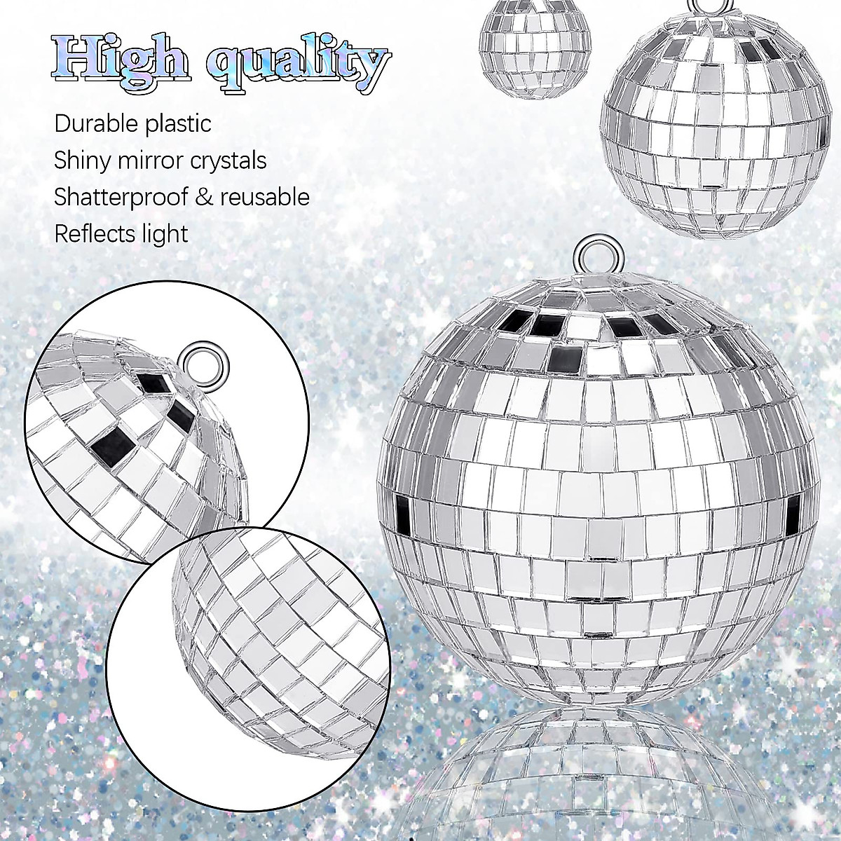 Jspupifip 60 Pcs Mirror Disco Balls Bulk, Reflective Silver Glass Ball Decorations 70s Hanging Ring Halloween Christmas Birthday Themed Party Prom Props Disco Ornaments(1.2/1.97/3.15/5.9 inch)