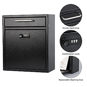 KYODOLED Steel Combination Lock Mail Boxes Outdoor,Locking Wall Mount Mailbox,Security Key Drop Box,12H x 10.51L x 4.68W Inches,Black Large