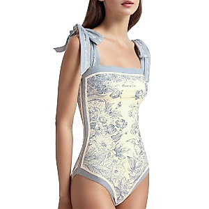SKAYS Reversible Floral One Piece Swimsuit Women Bathing Suit Vintage Cute with Adjustable Straps Swimwear Blue L