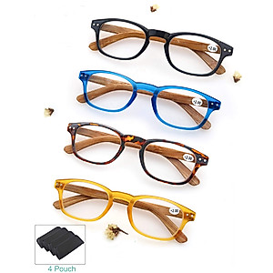 MODFANS 4 Pack Reading Glasses 2.0 Fashion Wood-Look Spring Hinges Stylish Readers Men Women