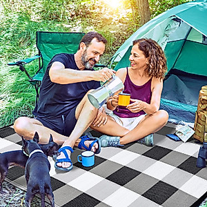 Lena Rug Buffalo Plaid Outdoor Rug Waterproof for Patio RV Camping Picnic Balcony Plastic Straw Rug Grey White 5x7