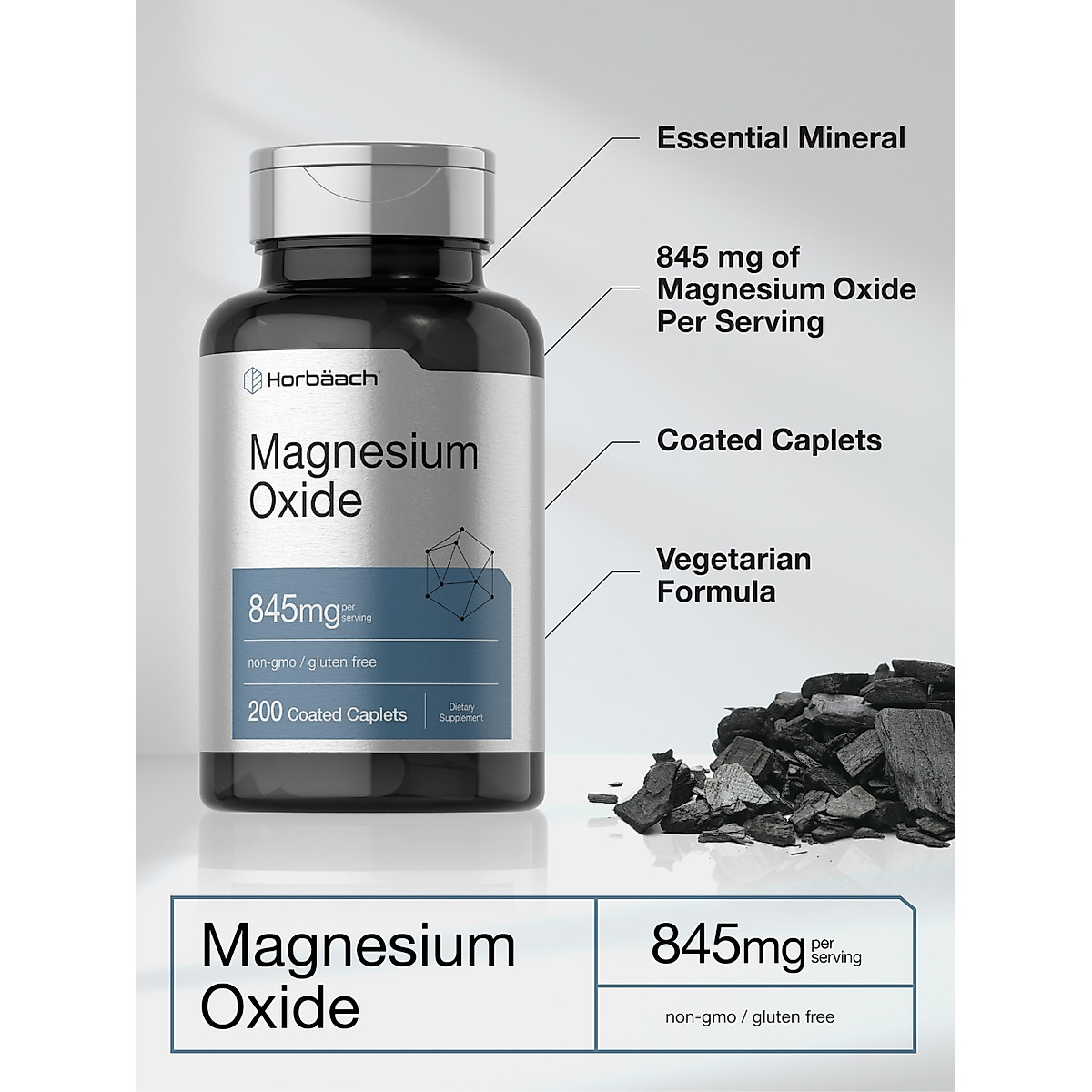 Horbäach Magnesium Oxide | 845 mg | 200 Coated Caplets | Vegetarian, Non-GMO, and Gluten Free Supplement
