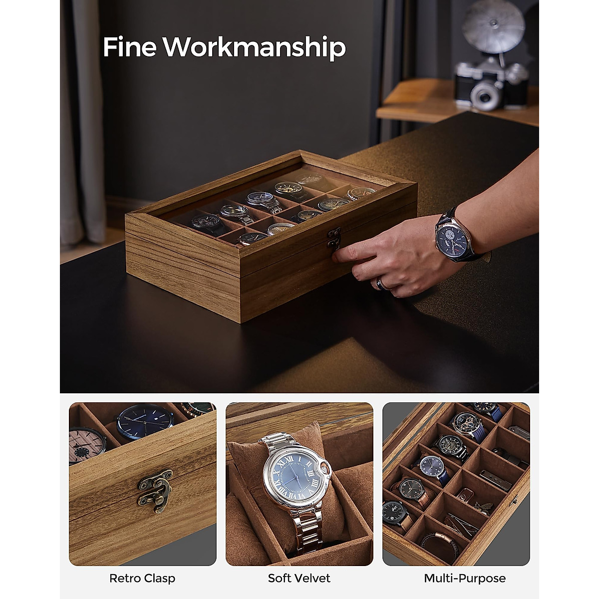 SONGMICS Watch Box, 12-Slot Watch Case, Solid Wood Watch Box Organizer with Glass Lid, Watch Display Case with Removable Pillows, Gift for Loved Ones, Rustic Walnut UJOW120K01