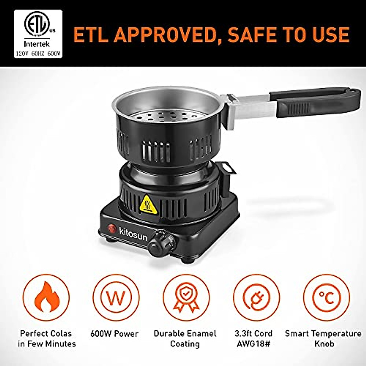 Electric Stove Coconut Charcoal Starter - ETL Approved Hot Plate Durable Faster Coal Burner 120V~600W with Detachable Handle Stainless Steel Grill & Rack Smart Heat Control Long Cable for BBQ Kitchen