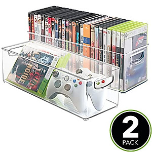 mDesign Plastic Video Game Organizer - Game Storage Holder Bin with Handles for Media Console Stand, Closet Shelf, Cabinets, Tower, and Bookshelves - Holds Disc, Video Games, Head Sets - 2 Pack, Clear
