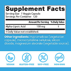 Doctor's Best Alpha-Lipoic Acid 150, Helps Support Glucose Metabolism and Regenerate Antioxidants* Non-GMO, Gluten Free, Vegan, Soy Free, 150mg, 120 Veggie Caps