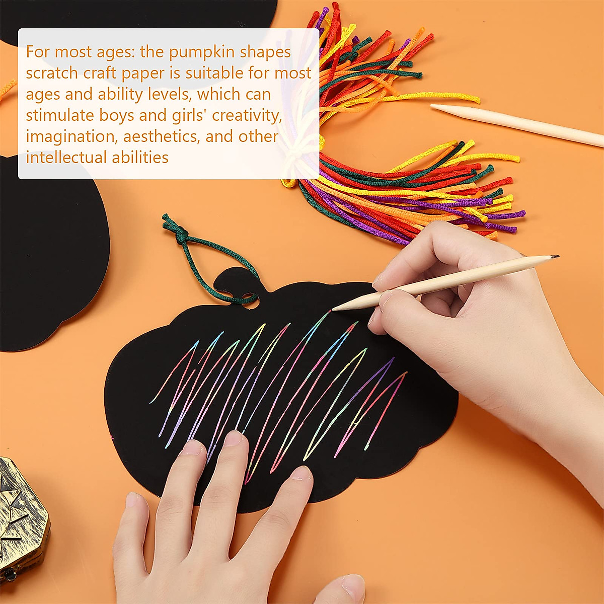 Gejoy 40 Pieces Halloween Scratch Art Paper Rainbow Colorful Pumpkin Scratch Card Paper with 40 Ribbons 12 Wooden Scratch Tools for Halloween Theme Party Kids School Home Activities