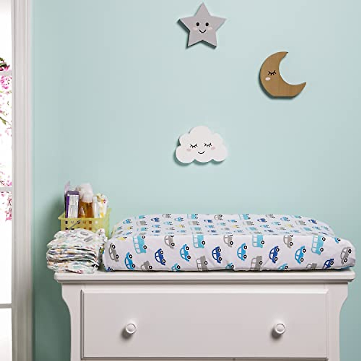 EVERYDAY KIDS 2 Pack Baby Changing Pad Covers for Baby Boy – Fits Most Changing Table Pads; 100% Cotton Jersey Knit, Breathable, Soft Changing Table Topper – Yellow and Blue Cars + Chevron Pattern