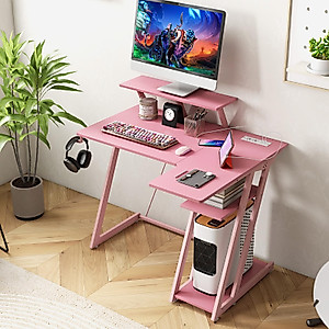 Giantex L Shaped Gaming Desk with Outlets & USB Ports, Small Computer Desk with Monitor Shelf, Headphone Hook, Storage Shelf & Host Stand, Modern Corner Gamer Workstation for Home Office (Pink)