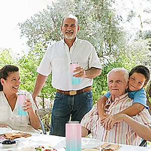 Fanfeigo Slim Can Cooler for Skinny Beer Beverage Stainless Steel Double Wall Vacuum Insulated Drink Holder for 12 oz Regular or Slim Cans & Bottles Cooler (Shiny Pink-Blue)