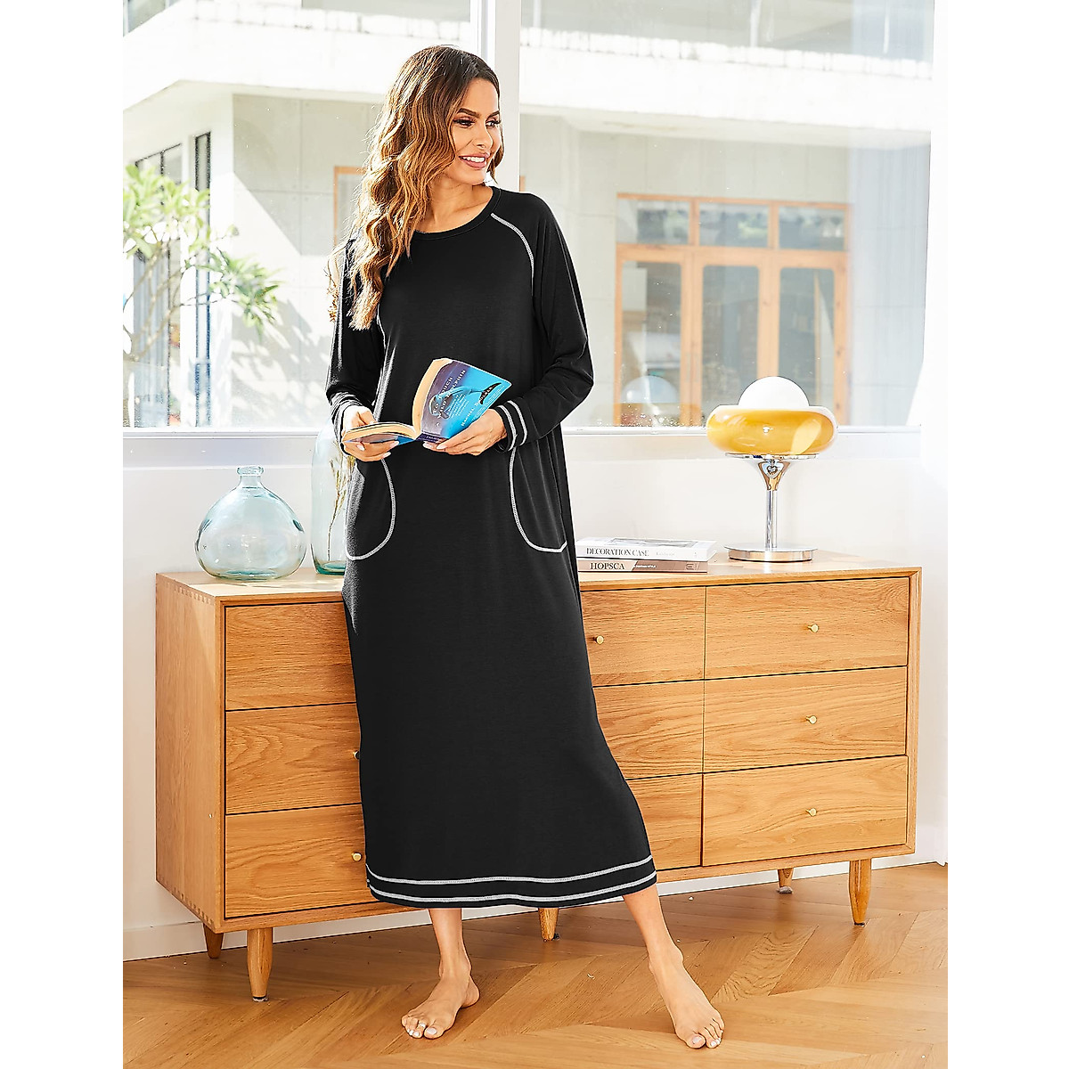 Ekouaer Long Nightgown for Women Full Length Night Shirt Sleepwear with Pocket Loungewear Dress A-black