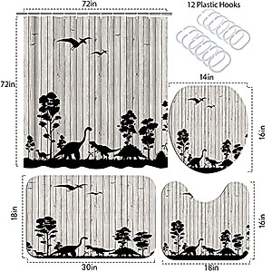 AtGoWac 4 Pieces Dinosaur Shower Curtain Sets with Rugs, Jurassic Dinosaurs Silhouette with Grey Wood Texture Background Shower Curtain Dinosaur Bath Mat Kids Bathroom Decor Sets