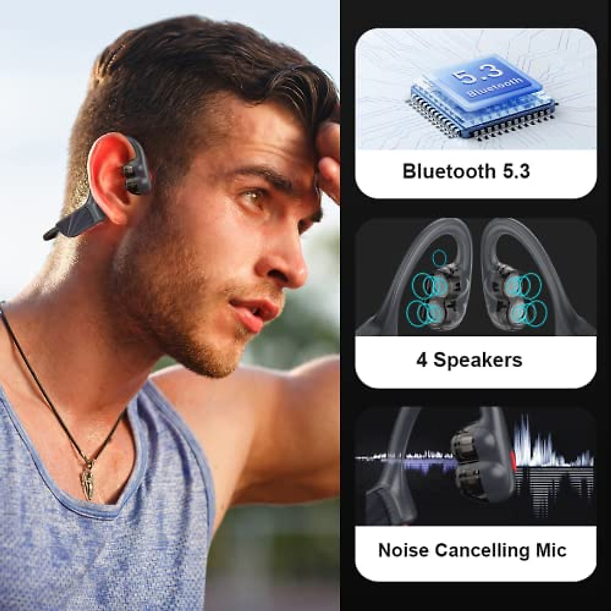 Bingozones Open-Ear Headphones Bluetooth, Wireless Sport Headphones-4 Speakers Headset Air Conduction Wireless Earphones for Workouts Cycling Running - Built-in Noise Cancelling Mic B520 (Black)