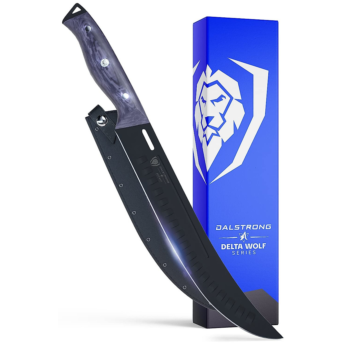 Dalstrong Butcher Knife - 10 inch - Delta Wolf Series Knife - Ultra-Thin & Zero Friction Blade - HC 9CR18MOV Steel - Black Titanium Nitride Coating - Breaking Knife - G10 Camo Handle - Leather Sheath