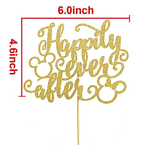 Happily Ever After with Cartoon Mice Cake Topper, Mouse Inspired Themed Wedding Engagement Bridal Shower Party Decorations, Gold Glitter