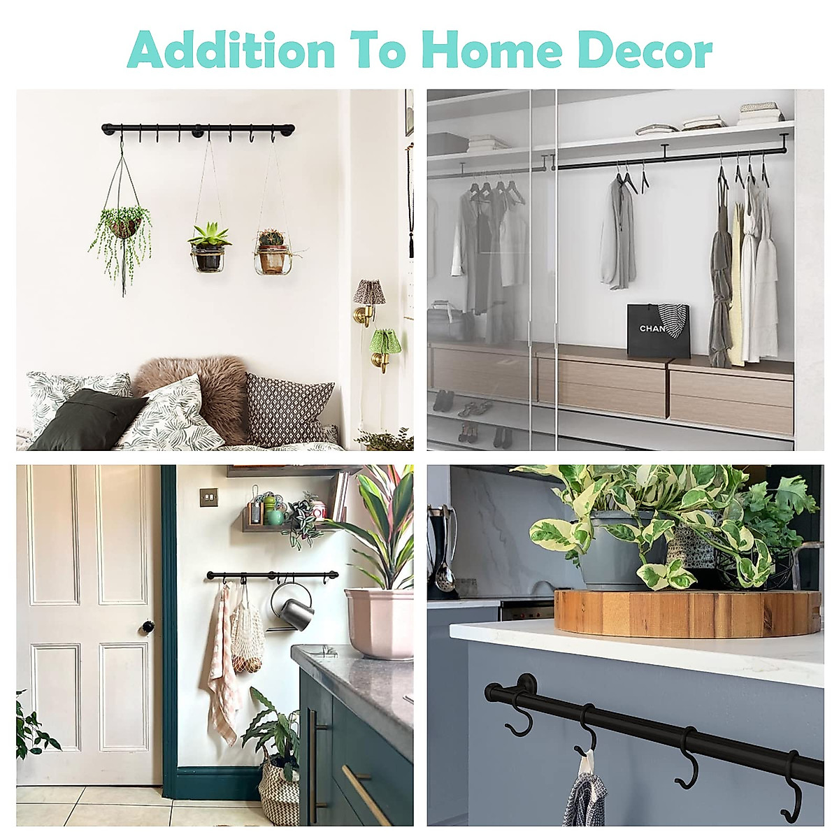 ROTHLEY Hanging Pot Rack Hanger: 23.7 Inch Stainless Steel Pot and Pan Hanger Pot Rack Wall Mounted Hanging Pots and Pans Rack Pot Hangers for Kitchen Wall Kitchen Rail with Hooks（Matt Black）