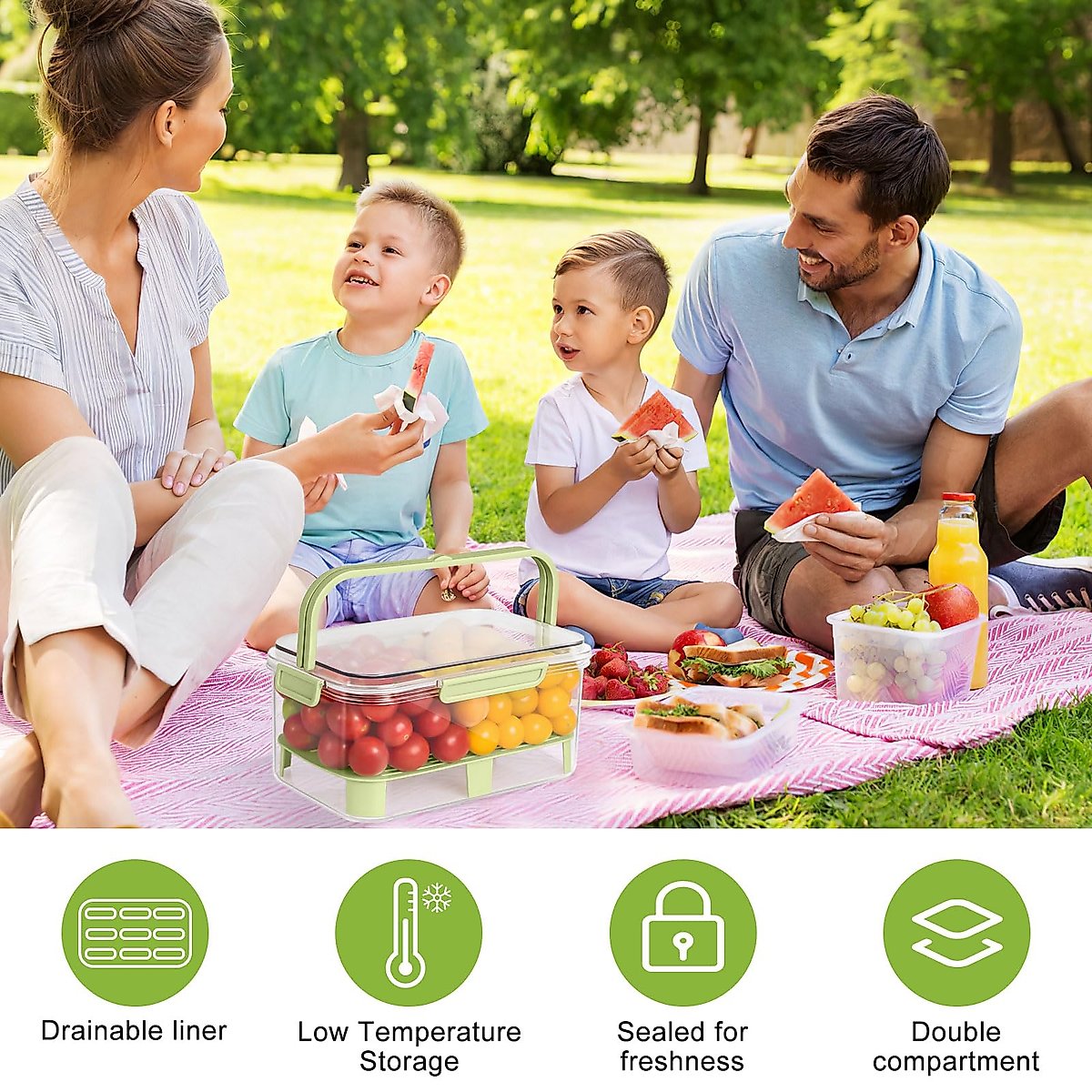 YUNLINLI 3 Pcs Large Fruit Storage Containers For Fridge with Removable Colanders, Airtight Food Storage Containers with Lids, Reusable Produce Saver with Handle, Stackable Plastic Fruit Veggie Saver