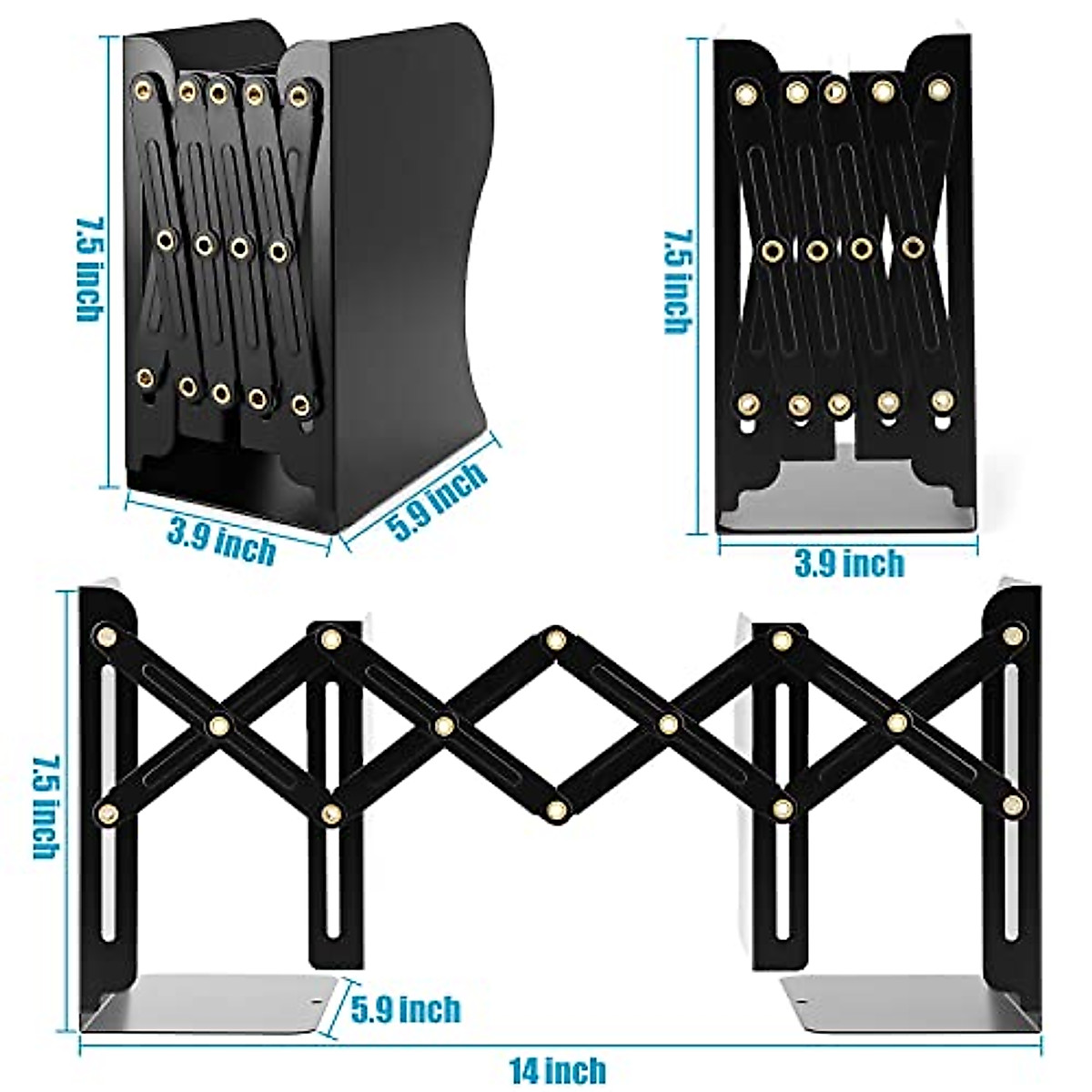 Adjustable Bookends, Book Holders for Shelves, Metal Book Ends for Heavy Books, Extends Up to 17 Inches Used in Office, Desk and School (Black)