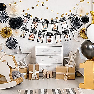 Whaline 1st Birthday Baby Photo Banner for Newborn to 12 Months, Monthly Milestone Photograph Bunting Garland, First Birthday Celebration Decoration (Black)