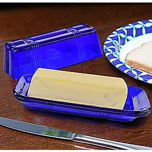 Home-X Glass Butter Dish with Lid - Vintage Style Butter Keeper for Countertop, Retro Butter Container with Cover, Dishwasher Safe Butter Holder, 6 3/4" L x 3 1/4" W x 2 1/2" H, Blue