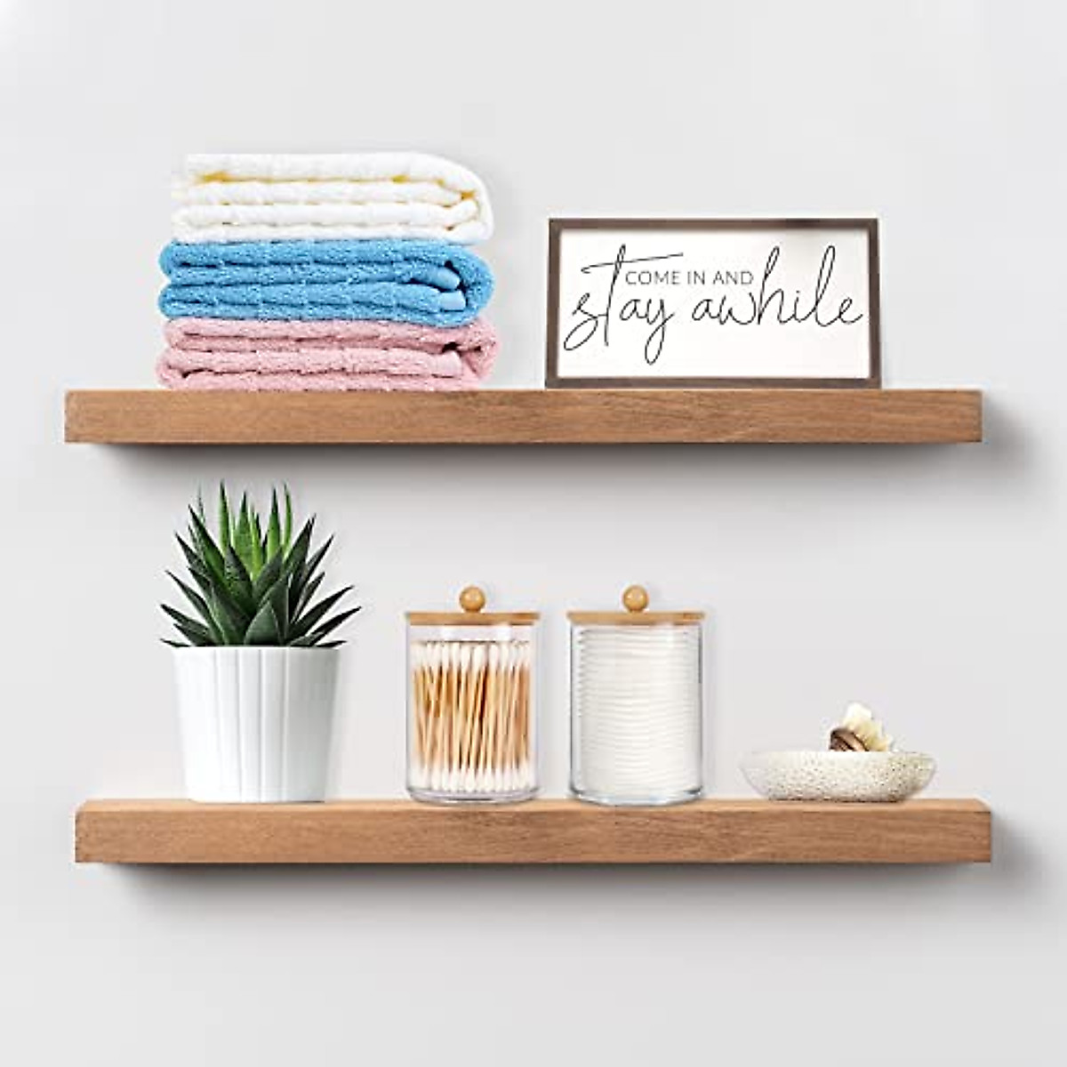 SGHUO Bamboo Bathroom Accessories Sets of 4, Soap Dispenser, 2 Qtip Holder Jars, Toothbrush Holder, Bathroom, Boho Decor