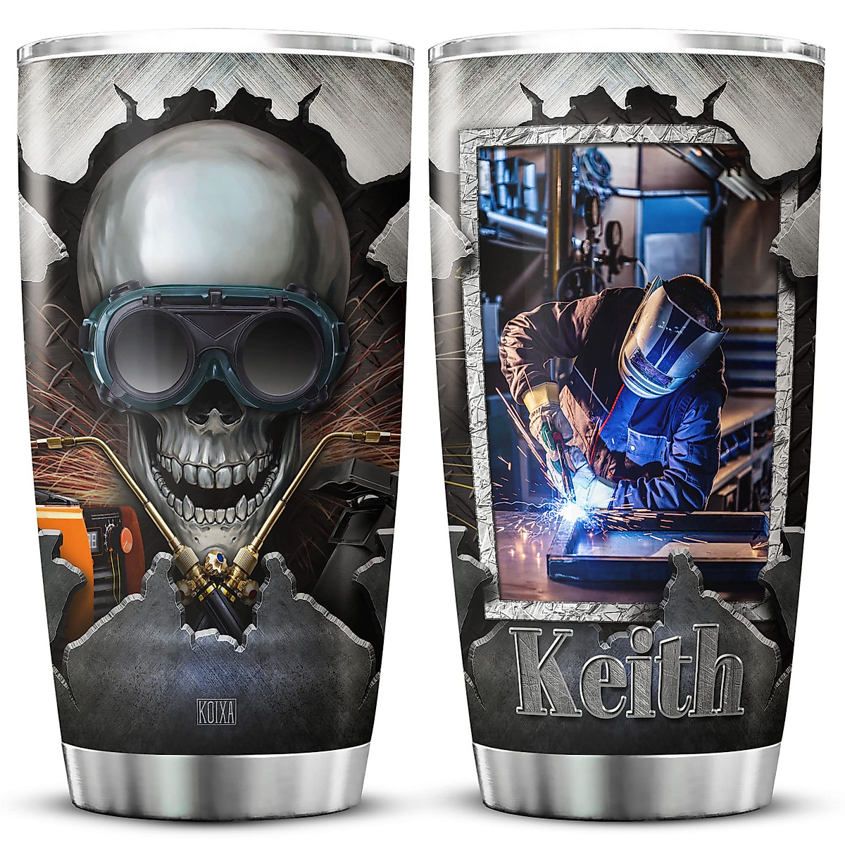 KOIXA Personalized Skull Tumbler Welder Gifts For Men Unique Stainless Steel Coffee Travel Mug 20oz Skull Themed Things For Welders Insulated Cup With Photo And Name Welding Gift