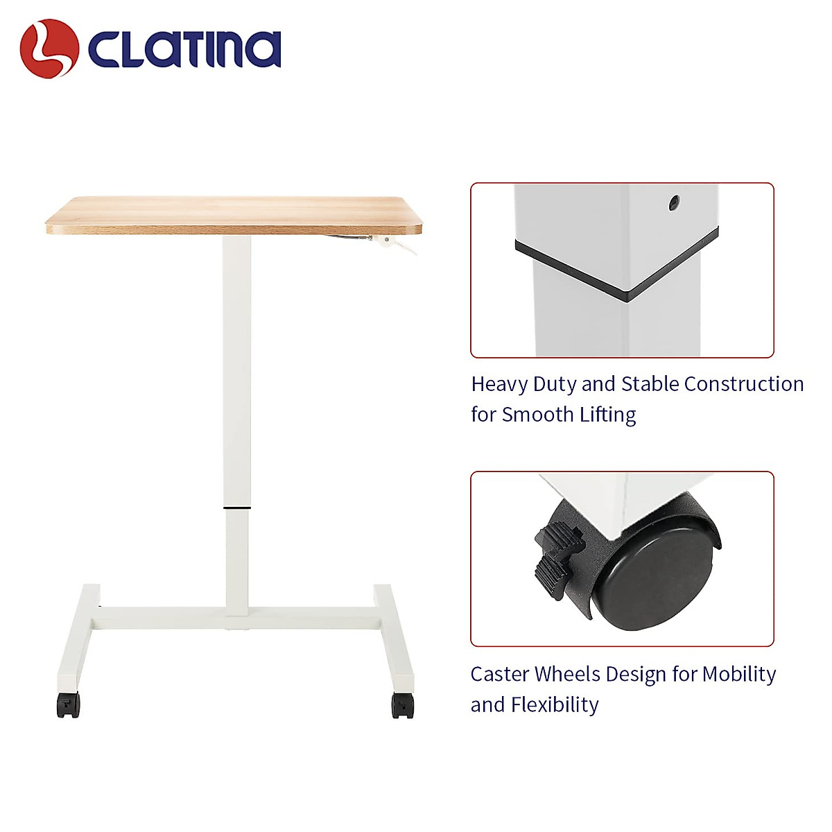 CLATINA Height Adjustable Mobile Laptop Desk Cart - Versatile Rolling Workstation Table for Office, Home, and Study Room - Ergonomic Standing Desk with Lockable Wheels 28" x 19" Beige…
