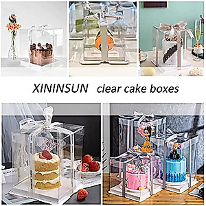 XININSUN 6Pcs Tall Cake Boxes PET Clear cake Box with Ribbon, 8 X 8 X 9inch for Bakery Boxes Cupcake Boxes Pie Cookies Boxes,Clear Gift Boxes with Lid for Carry Tall Layer Gift-White