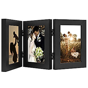 Golden State Art, 4x6 Three Picture Frame Trifold Hinged Photo Frame with 3 Openings, Desk Top Family Picture Collage, with Real Glass (4x6 Triple, Black, 1-Pack)