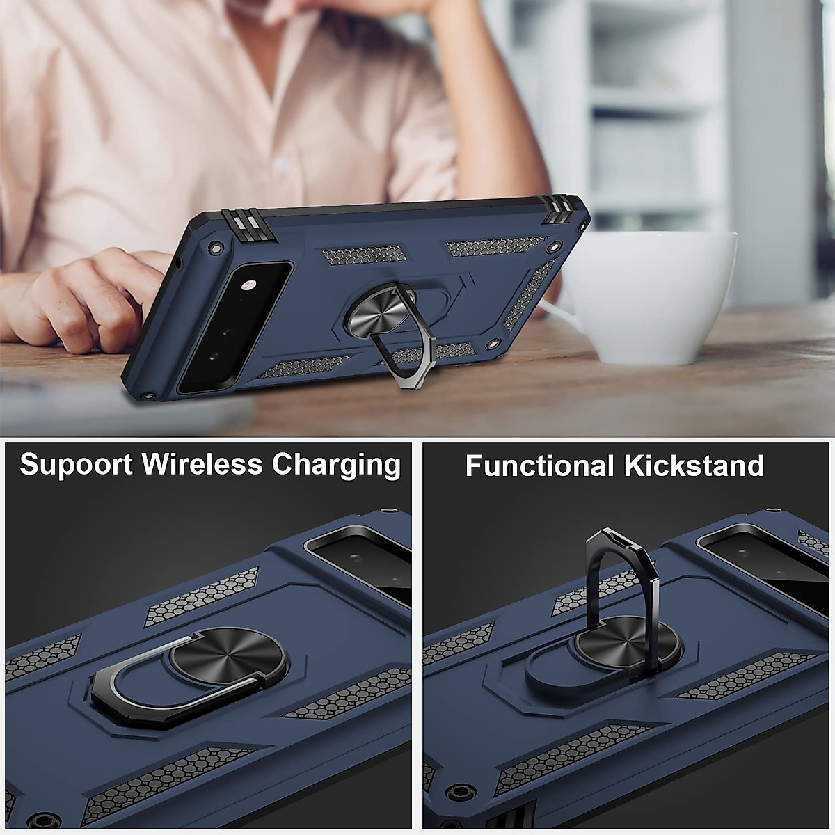 IKAZZ Suitable for Google Pixel 6 Case,Military Grade Shockproof Heavy Duty Protective Phone Cover Pass 16ft Drop Test with Magnetic Kickstand Car Mount Holder Blue