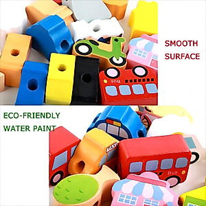 KanCai Wooden City Figures and Cars Lacing & Stringing Beads Toys Over 3 4 5 Year Old Kids Block Set Toy