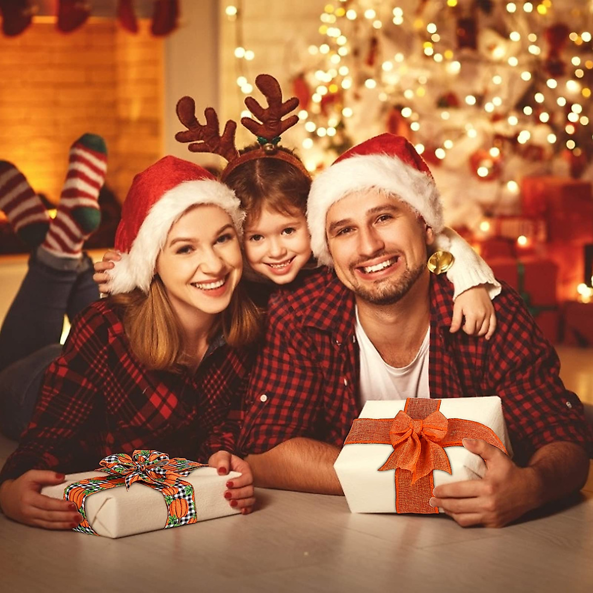 6 Rolls 30 Yards Fall Burlap Ribbon, 2.5″W Buffalo Plaid Wired Edge Ribbon with Pumpkin Pattern Thanksgiving Theme Craft Ribbon Rustic Autumn Harvest Ribbon for Wrapping Gifts Making Wreath Bow