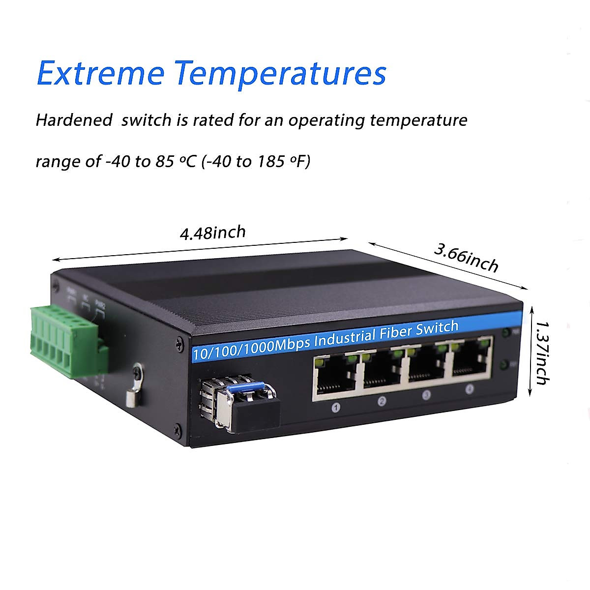 OLYCOM Harsh Outdoor 5-Port Gigabit Ethernet Fiber Converter, Industrial DIN-Rail Network Switch, 100/1000Base-T to LC, Up to 20KM(with SFP Transceiver), IP40, Extreme Heat -40°～ 85°C (-40°～ 185°F)