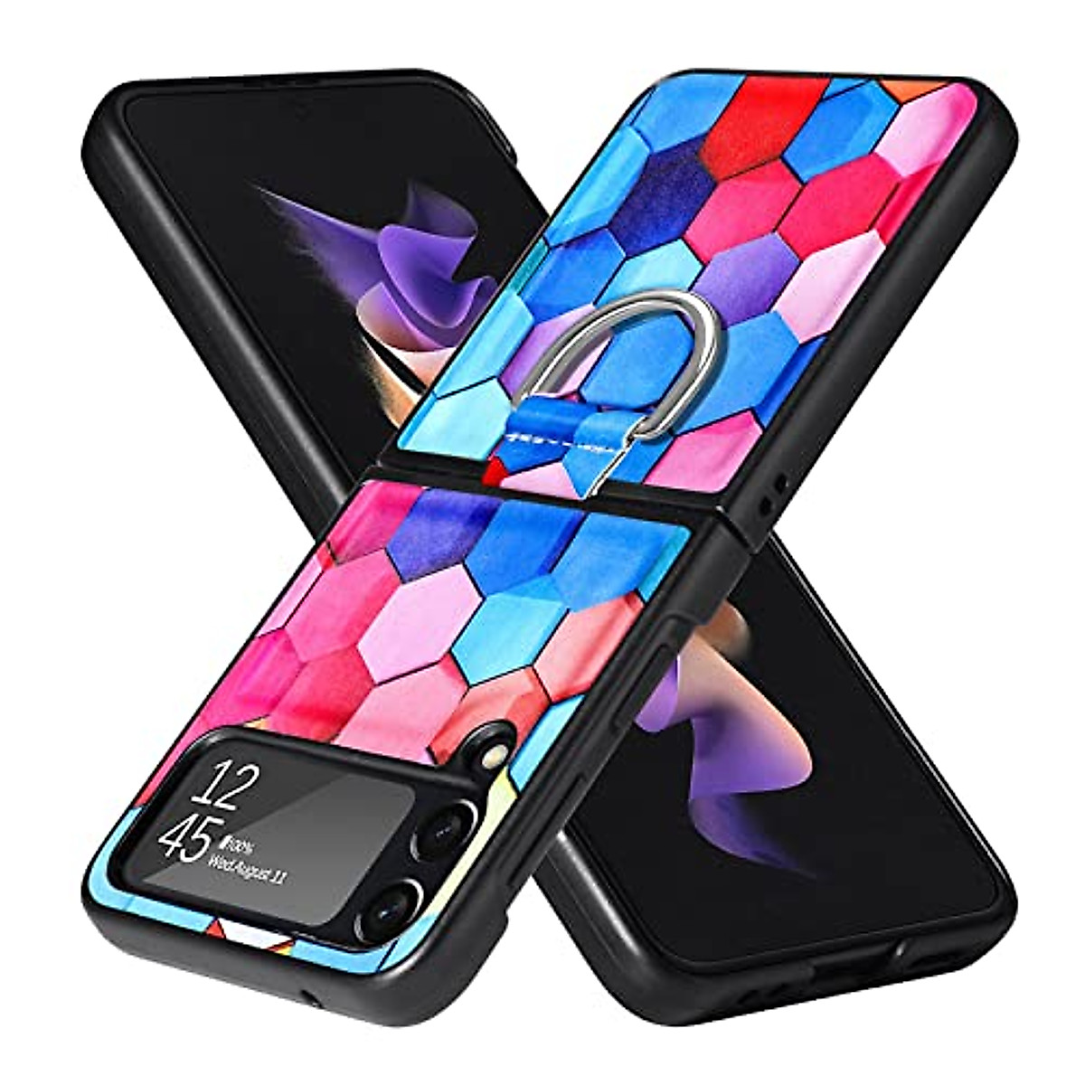 Bizzib for Samsung Galaxy Z Flip 4 Case with Ring, Ultra Slim Light Hard PC Drop Protection Shockproof Cover Compatible with Galaxy Z Flip 4 Colored Pattern-Multicolor 3