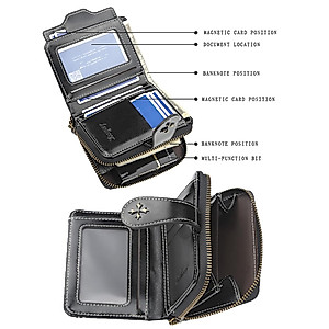 GGOOB Small Wallet for Women Zip Bifold Vintage Wallet Goth Purse Mini Leather Cash Wallets with Zipper Coin Pocket (Black,Small)