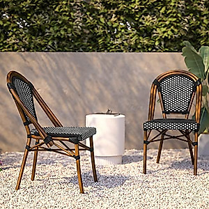 Flash Furniture Bordeaux Set of 2 Indoor/Outdoor Commercial French Bistro Stack Chairs - Black/White PE Rattan Back and Seat - Natural Bamboo Print Aluminum Frame