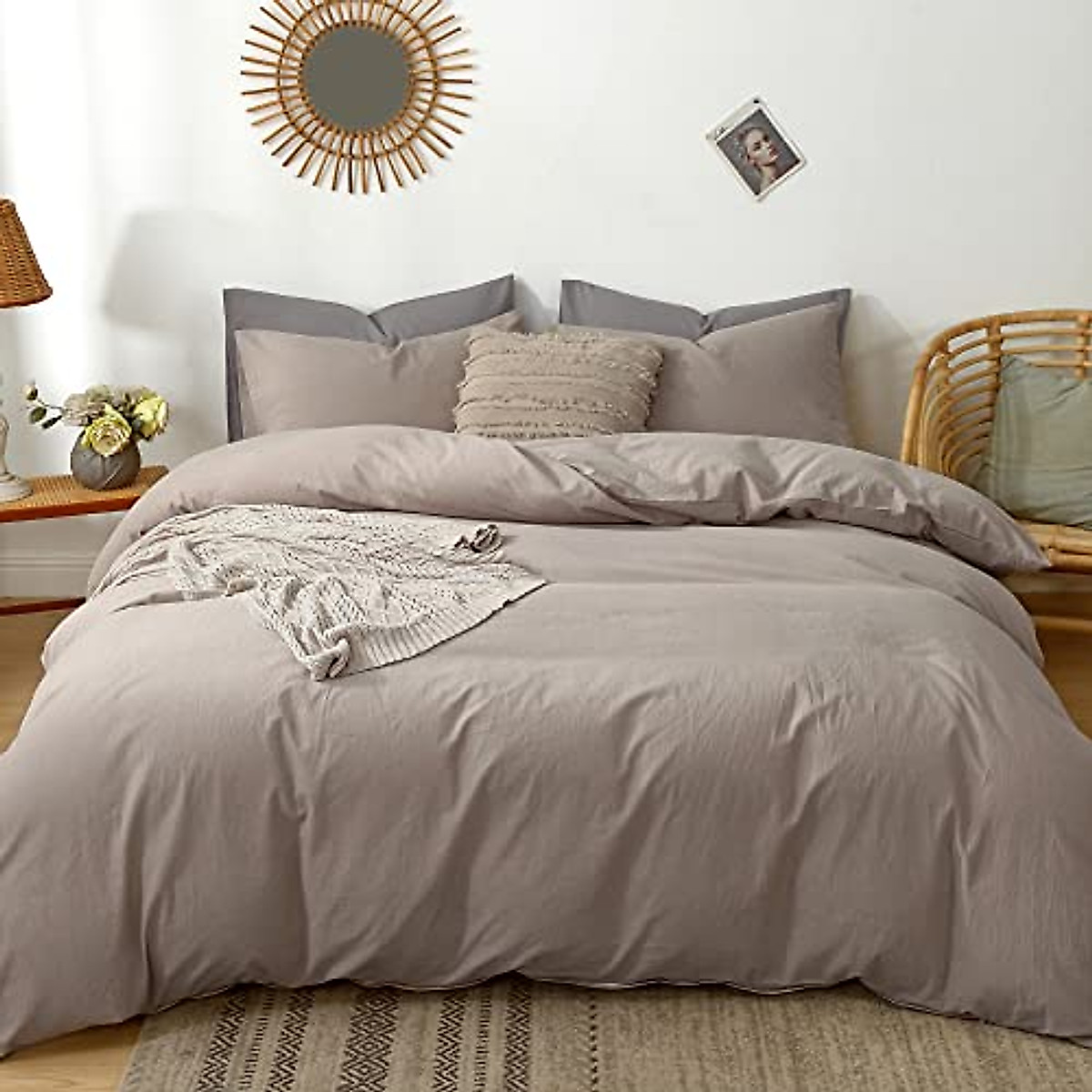 MooMee Bedding Duvet Cover Set 100% Washed Cotton Linen Like Textured Breathable Durable Soft Comfy (Taupe, King Size)