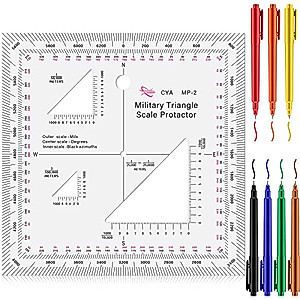Military UTM/MGRS Coordinate Scale 7 Assorted Colors Fine Point Permanent Markers Map Reading and Land Navigation Topographical Map Scale Protractor and Grid Coordinate Reader Pairs with Compass