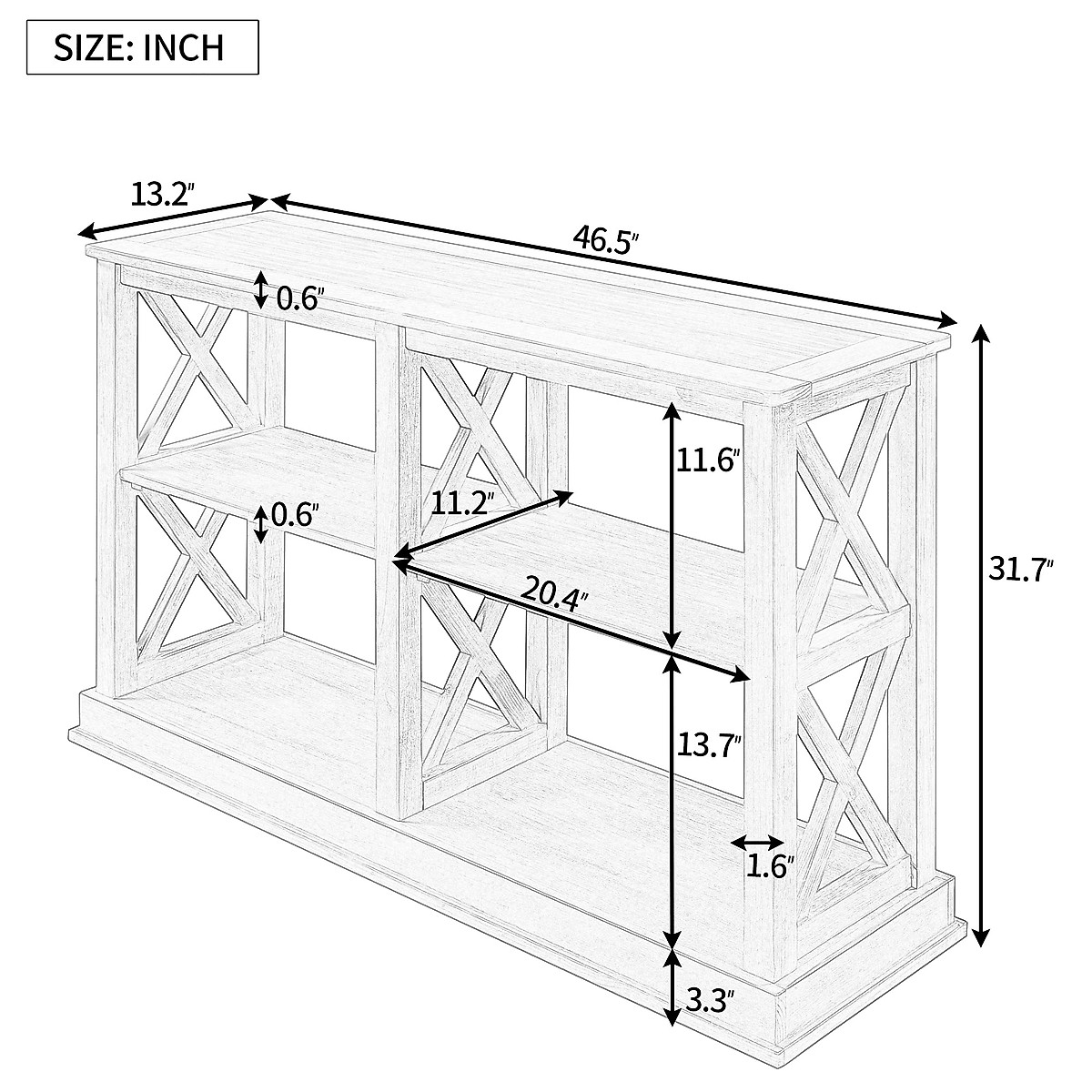 Knocbel 46.5in Entry Console Table with Open Shelves and X-Shaped Frame, Hallway Entryway Sofa Side 3-Tier Table