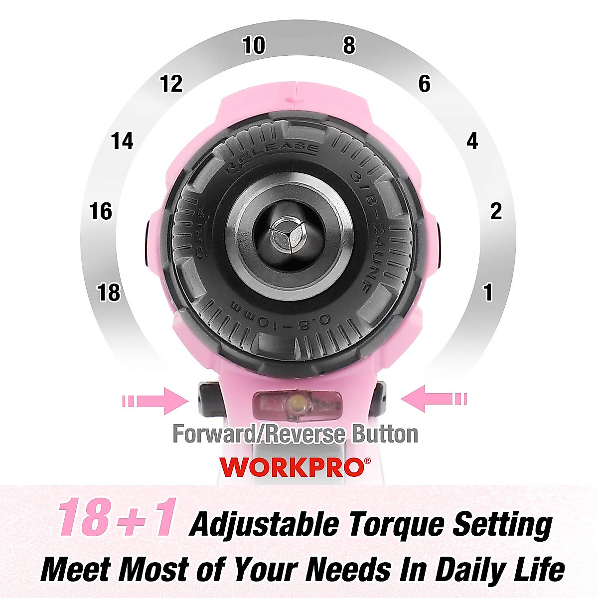 WORKPRO 12V Pink Cordless Drill Driver and Home Tool Kit, Hand Tool Set for DIY, Home Maintenance, 14-inch Storage Bag Included - Pink Ribbon