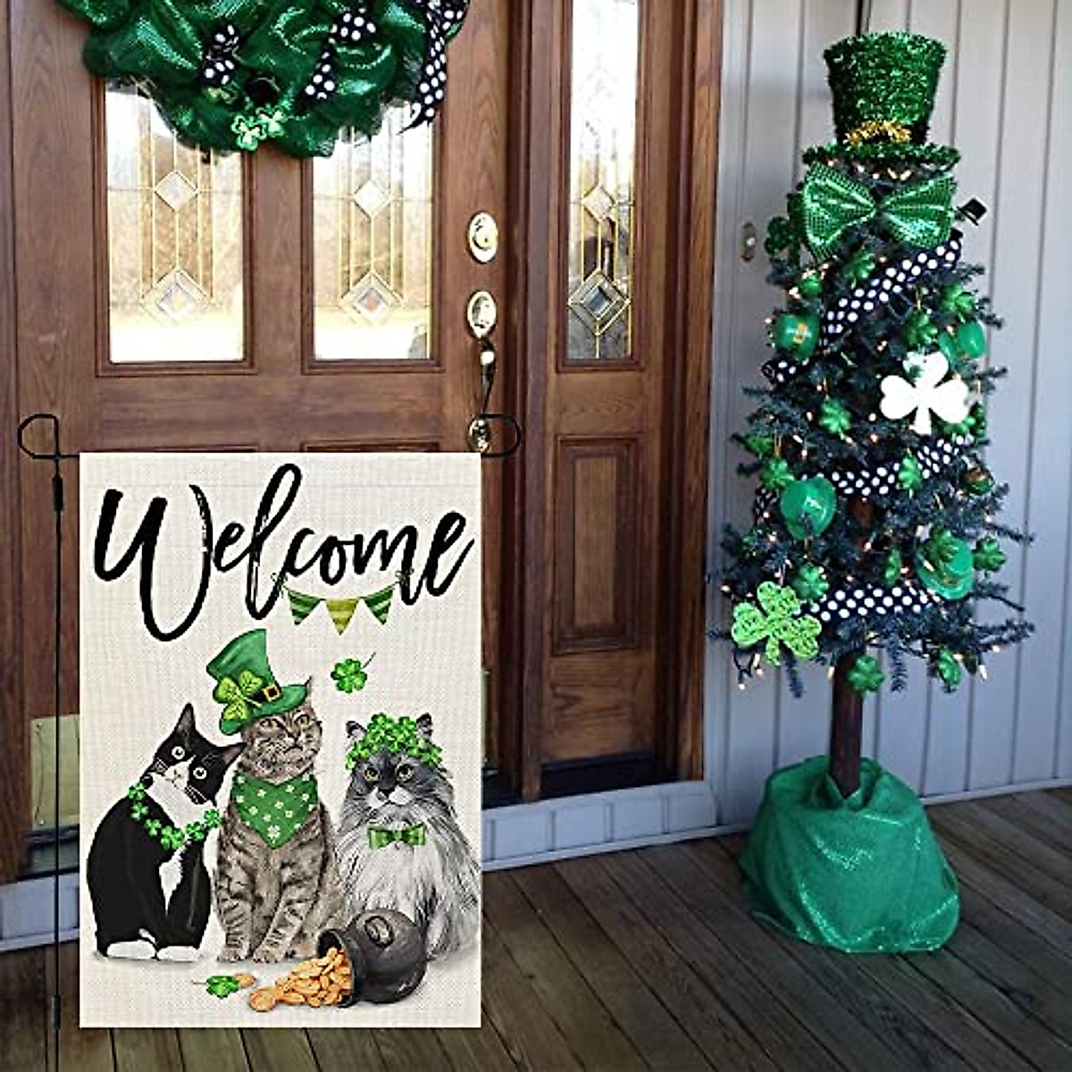 CROWNED BEAUTY St Patricks Day Cats Garden Flag 12x18 Inch Double Sided for Outside Small Burlap Green Shamrocks Clovers Welcome Yard Holiday Flag CF723-12