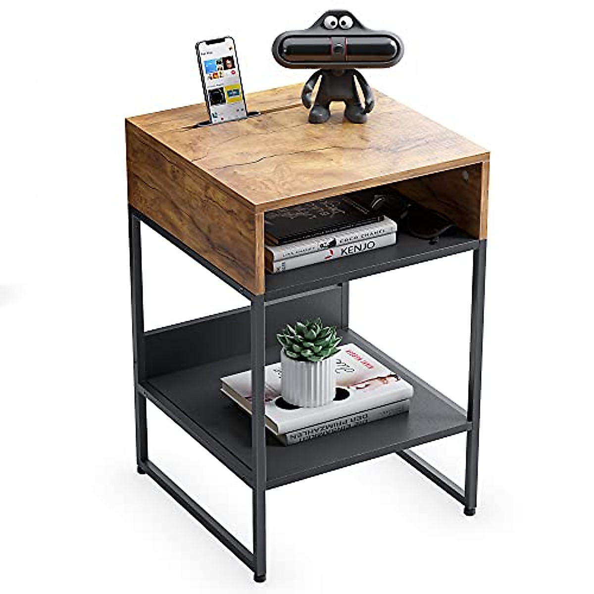 CubiCubi Side Table with Storage Compartment, Small End Table, Rustic File Cabinet, Cable Management, Nightstand Living Room Bedroom, Fir Brown