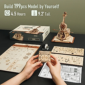 ROKR 3D Puzzles for Adults 1:5 Scale Cello Model Kit with Base 199pcs Wooden Music Box Building Kit Desk Gift for Men Women Hobby for Adults