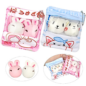 Zomiboo 2 Pcs Kawaii Room Decor Cute Plush Stuffed Pillows Snack Mini Toys Soft Cartoon Baby Back to School Doll Key Chain Gifts for Birthday Party Favors (Pink,Blue,Bunny,Cat)