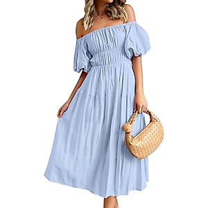 ZESICA Women's Sexy Boho Off Shoulder Puff Short Sleeve High Waist Ruffled Flowy A Line Beach Party Midi Dress,Blue,Medium